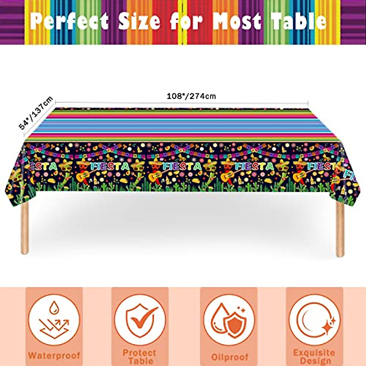 Mexican Fiesta Party Tableware Set,Mexican Party Supplies Decorations，Including 25 Disposable 9&7inch Paper Plates,25 Napkins and 1 Tablecloth for Fiesta Theme Birthday Party, 25 Guests