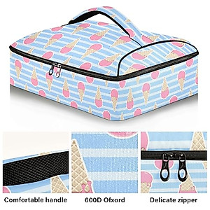Kcldeci Insulated Thermal Food Carrier Insulated Casserole Carrier for Hot or Cold Food,Pink Ice Cream Blue Striped Insulated Tote Bag for Potluck Cookouts Parties Picnic,Lasagna Lugger