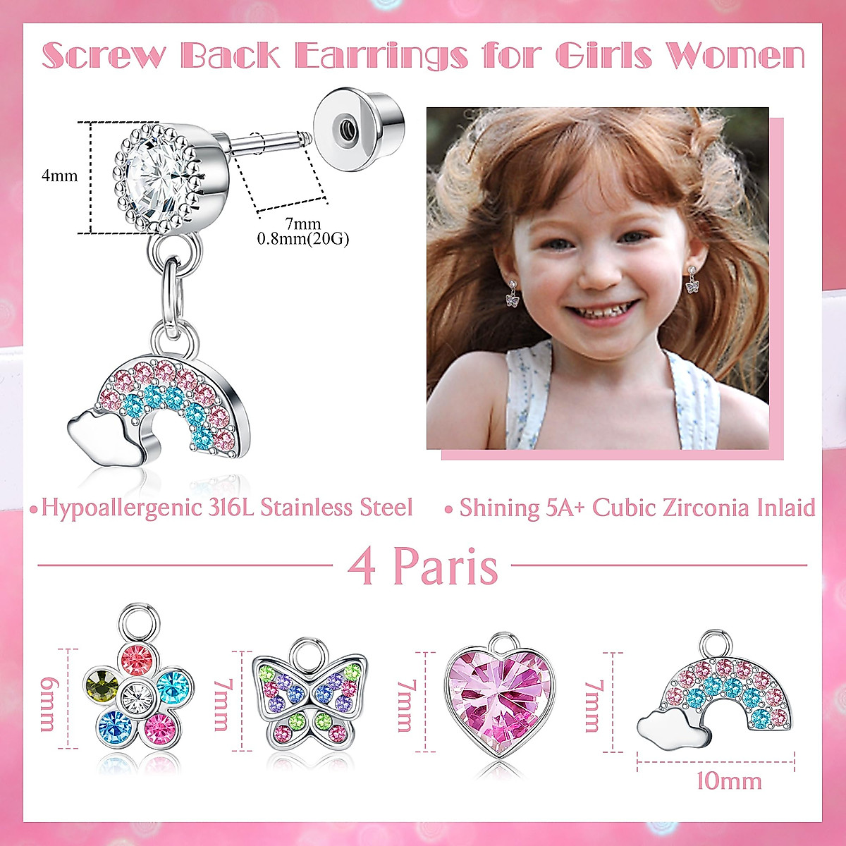YADOCA 4 Pairs Screw Back Earrings For Girls Women Hypoallergenic 316L Stainless Steel Cute Pink CZ Heart Screwback Dangle Earrings Multicolored Cubic Zirconia Flower Butterfly Rainbow Earrings Dangling Set