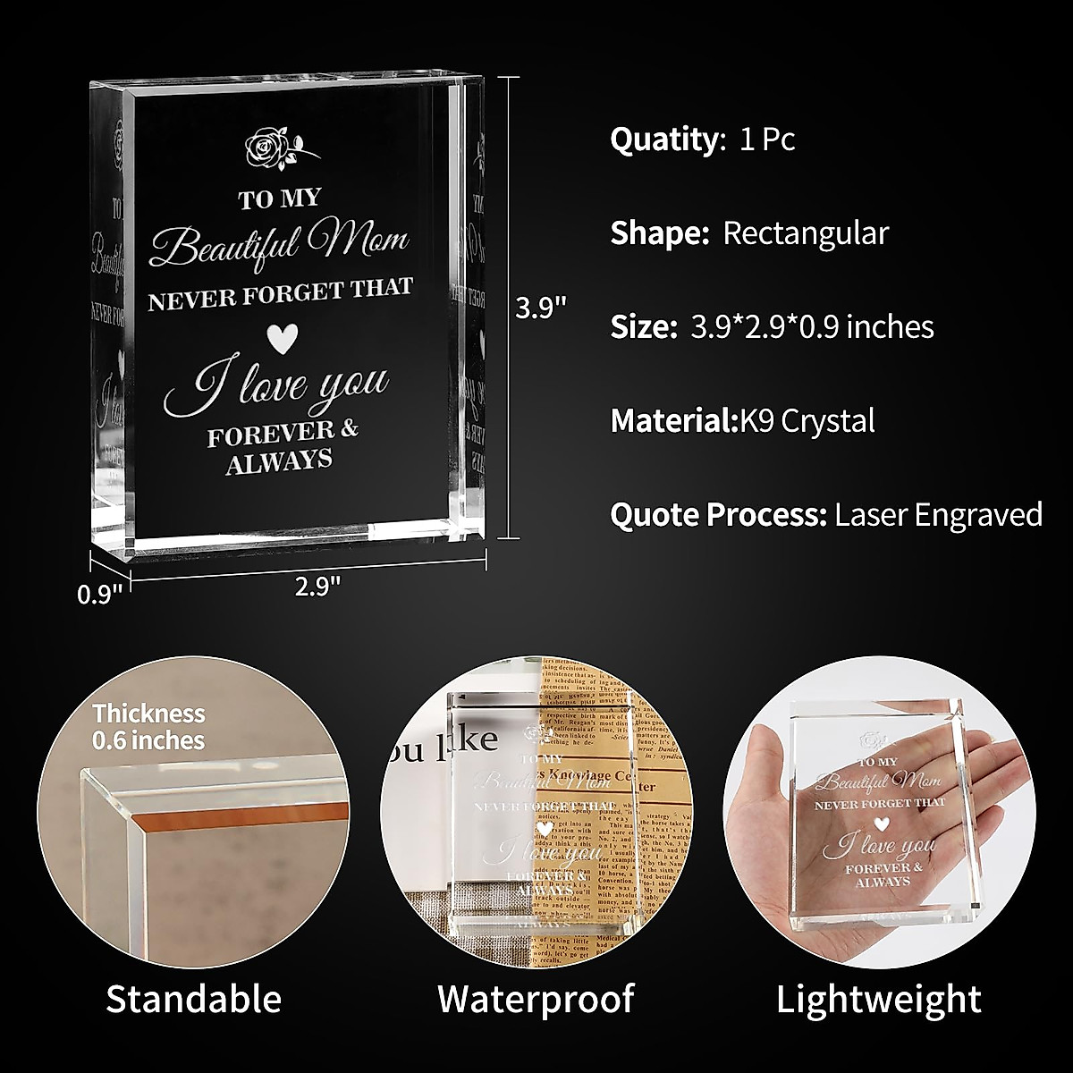 KAAYEE Gifts for Mom Mothers Day, Valentines Day Birthday Gifts for Mom from Daughter Son, to My Mom Birthday Gifts Ideas Crystal Keepsakes