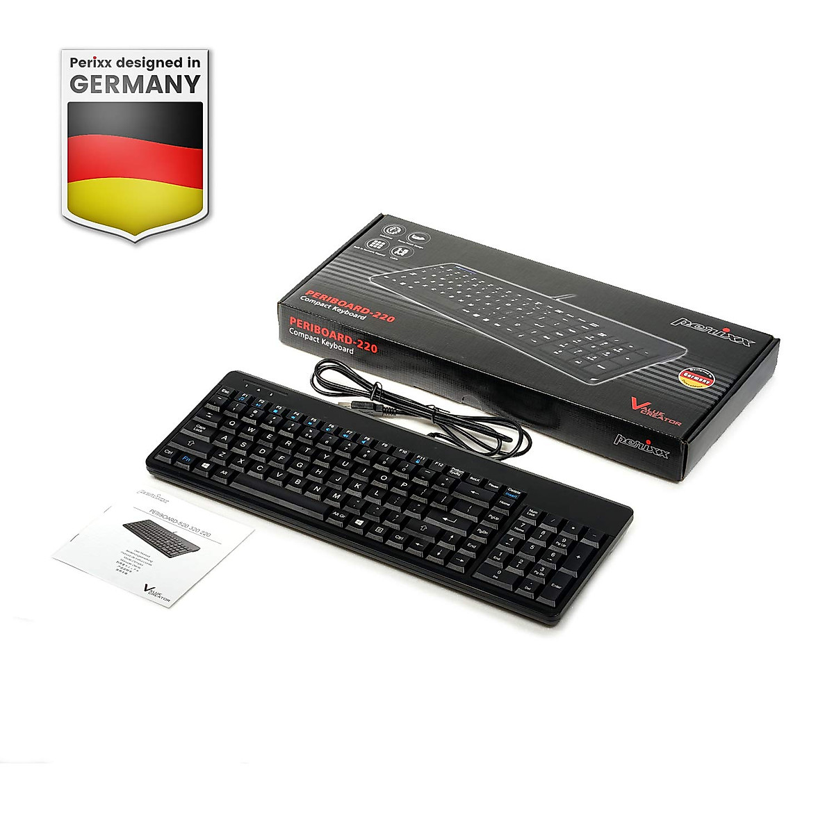 Perixx PERIBOARD-220H US, Wired Compact USB Keyboard with 2 Hubs - Build-in Numeric Keypad - Black - US English Layout, (11506)