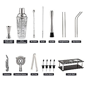 Cocktail Shaker Set, Ohuhu 17-Piece Bartender Kit Bar Tool Set with Acrylic Stand Premium Soda-Lime Glass Drink Shaker with All Bar Accessories for Beginners Home Bar Parties
