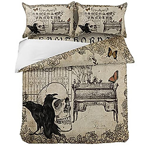 Halloween Black Crow Skull Duvet Cover Sets 4 Piece Full Ultra Soft Bed Quilt Cover Set for Kids/Teens/Women/Men,Vintage Flowers Buffalo Back Bedding Collection All Season Use