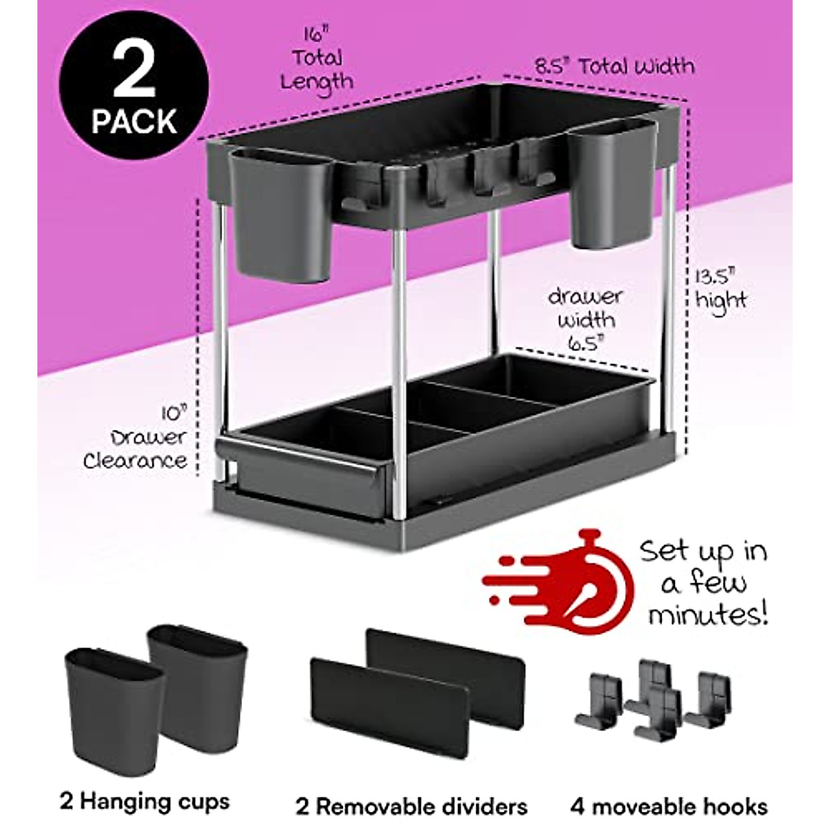 2 PACK Under Sink Organizer Rack 2 Tier Under Sliding Cabinet Basket Organizer Drawer With Bathroom Cabinet Storage Drawer With 4 Hooks