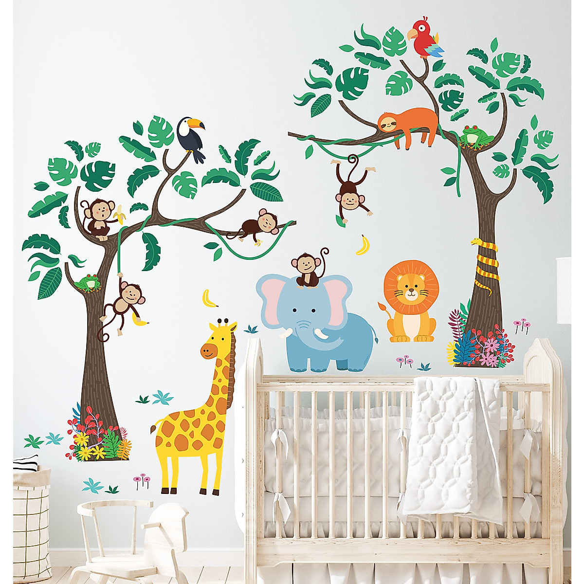 DECOWALL SG-2112 Jungle Animal Tree Wall Decals Elephant Monkey Giraffe Lion Forest Wall Stickers for Kids Baby Nursery Bedroom Playroom Living Room Decor DIY Art