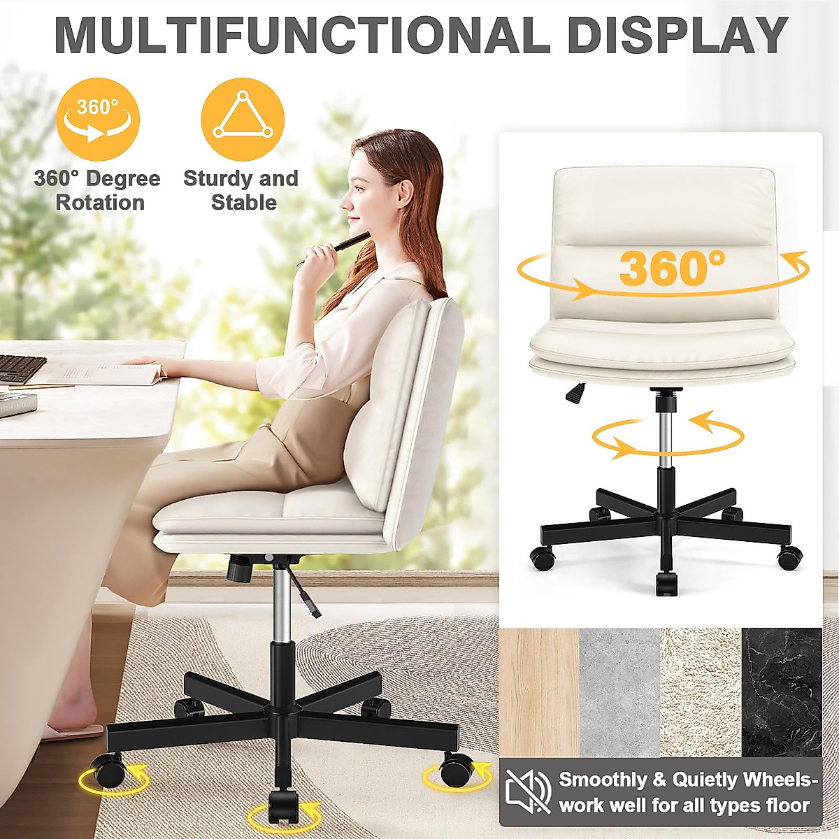 TVON Armless Office Desks Chair with Wheels and Thickened Cushion, Ergonomic Home Office Computer Chair, Comfortable Swivel Chair with Height Adjustment and Rocking Function