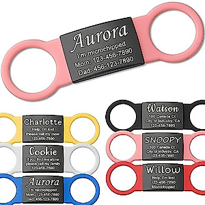 Anavia Slide On Silent Pet ID Tags, S/M/L/XL Personalized Black Stainless Steel Colored Silicone Cat Dog Name Tag, Customized Engraved Nameplate, Quiet Chew-Proof Pet Collar Tag (Pink, Small)