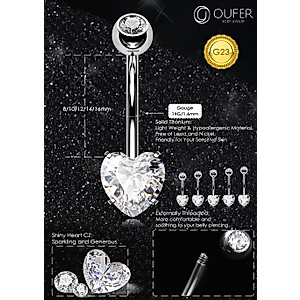 OUFER 14G Belly Rings, Long Belly Button Rings, G23 Solid Titanium Belly Piercing Jewelry, Heart Shaped Navel Piercing Jewelry, Belly Rings for Women Men-16mm