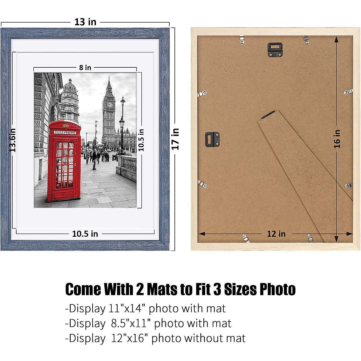 12x16 Rustic Picture Frames Solid Wood Display Pictures 11x14 or 8.5x11 Diplomas with Mat or 12x16 without Mat, Farmhouse Distressed Wooden Picture Frame for Wall or Table Top Display, Rustic Blue