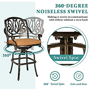 MEETWARM 2 Piece Outdoor Patio Swivel Bar Stools, All-Weather Cast Aluminum Bar Height Bistro Chairs, Outdoor Furniture Bar Dining Chair Set with Cushions for Garden Deck Backyard, Dark Bronze