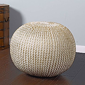L.R. Resources Fairbanks Bone Knitted Pouf Ottoman, 1'4" x 1'8", Ivory/Gold -, 20" x 20" x 16"