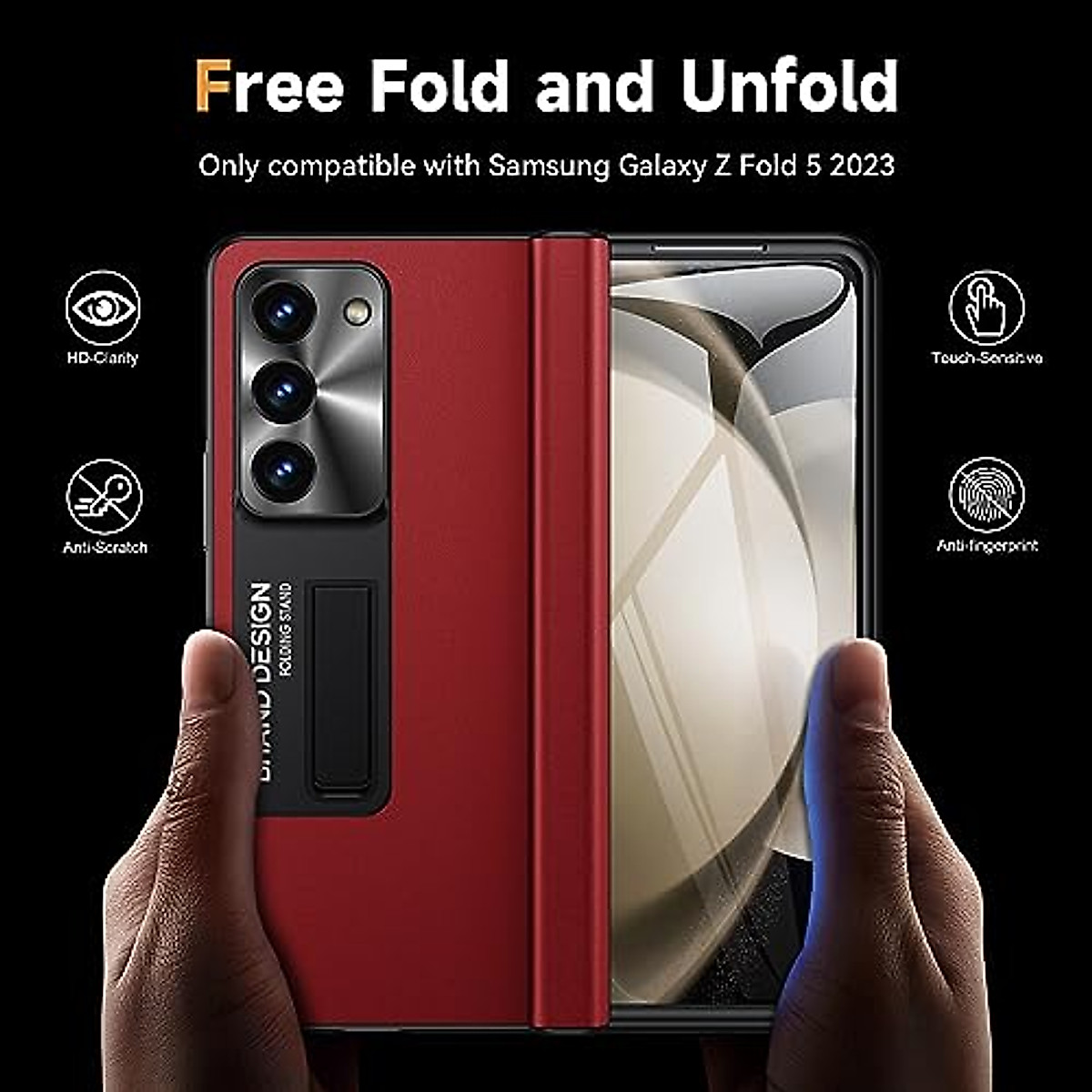 for Samsung Z-Fold-5 Cover: Genuine Leather Galaxy Fold 5 Kickstand Case[Hinge Protection][Screen Protector] Skin Felling - Durable Shockproof Protective Phone Case for Galaxy Fold 5 2023 - Red