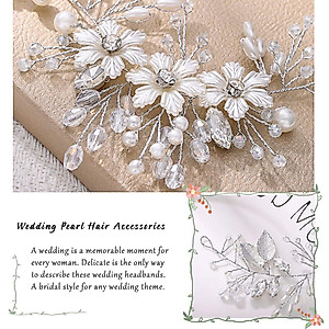 Unicra Bride Flower Wedding Hair Vine Leaf Silver Bridal Hair Piece Pearls Hair Accessories for Women and Girls