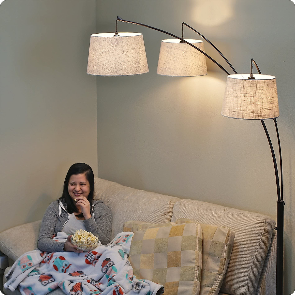 Kira Home Akira 79" 3-Light Modern Arc Floor Lamp with Weighted Base & 3-Way Switch, Oatmeal Shades + Oil Rubbed Bronze Finish