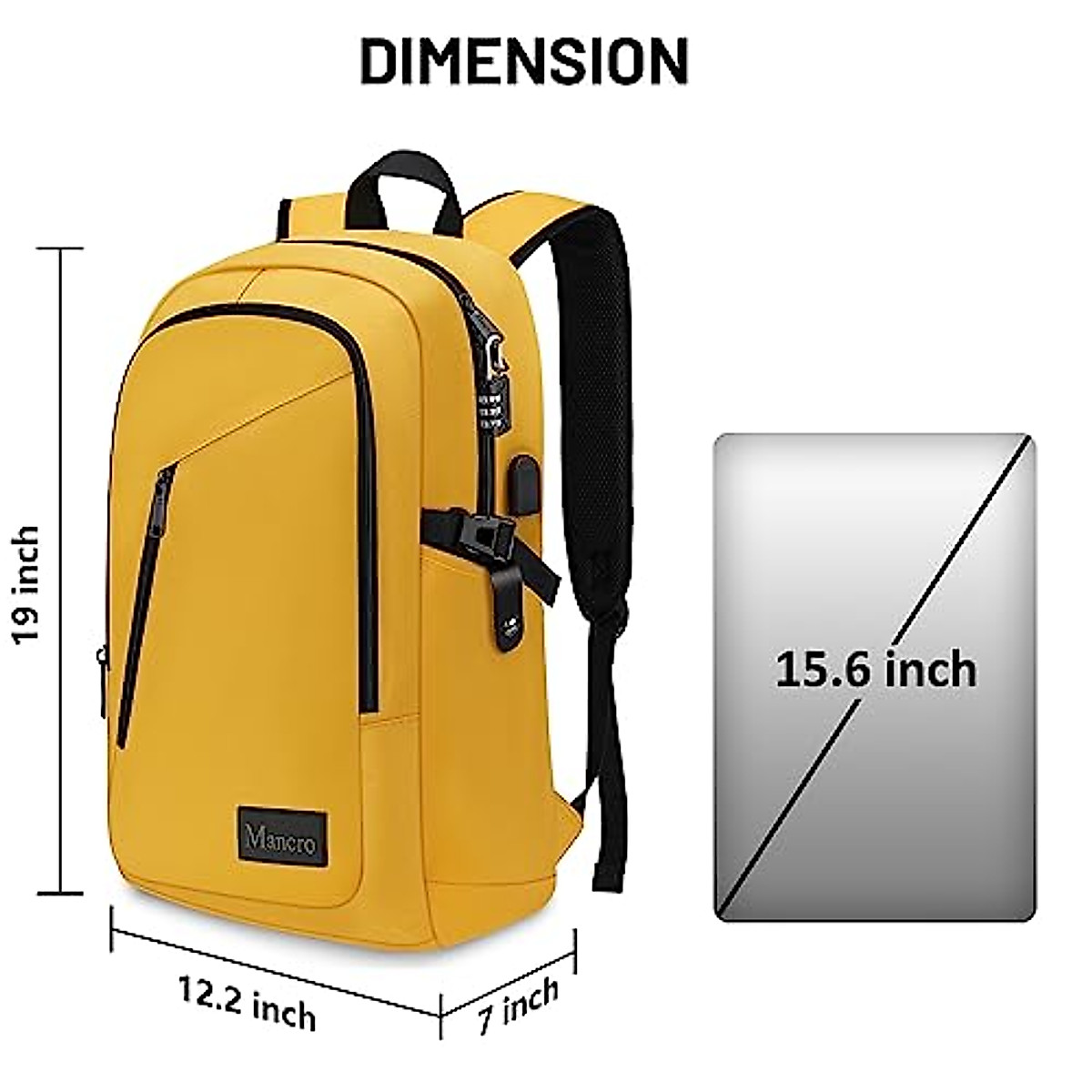 Mancro Travel Laptop Backpack, 15.6 in Anti Theft Backpack for Women Men with USB Charging Port, Water Resistant Computer Backpack Backpack Gift, Yellow