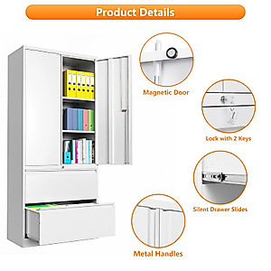 LISSIMO File Cabinet with Lock,Metal Filing Cabinets with Adjustable Shelves and 2 Drawers for Home Office,School Locker Office Storage Cabinet for Letter/Legal/A4 Size Files(White)