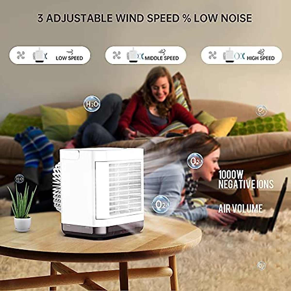 Portable Air Conditioners, Rechargeable Desktop Fan with 3-speed, Cordless Personal Air Cooler with Handle, Evaporative Air Cooling Conditioner for Home, Bedroom, Office, Camping Tent