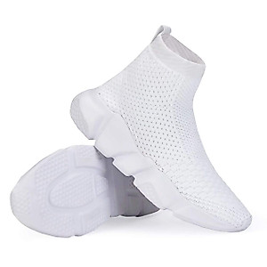 YAVY Girls Sneakers White Walking Shoes Boys High Top Sneakers Breathable Kids Tennis Shoes Lightweight Walking Shoes Slip On Knit Sock Sneakers for Girls Tennis Shoes Size 4.5 White 054-36