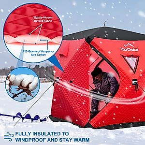 Your Choice Pop Up 3-4 Person Ice Fishing Shelter, Fully Insulated Ice Fishing Shelter, with Insulated Layer to Windproof and Warm Ice Fishing Tent, Ice Fishing Gear and Equipment - Color Red