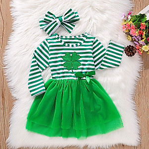 St. Patrick´s Day Toddler Girl Outfit Clover Long Sleeves Dress Clothes + Headband (Green, 4-5T)