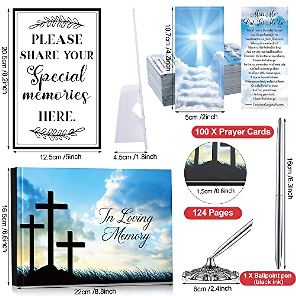 Funeral Guest Book for Memorial Service Celebration of Life Guest Book 100 Pieces Double Sided Prayer Funeral Cards Silver Signature Pen with Stand and Memory Table Sign Funeral Favors (Crosses Style)
