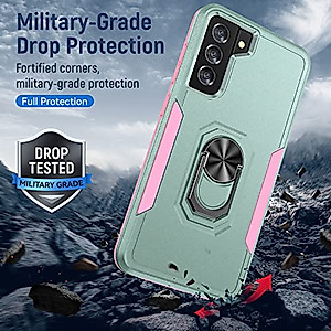 KSELF Galaxy S21 5G Case: Military-Grade Shockproof, Tempered Glass Protector, Ring Kickstand (Green & Pink)
