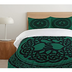 Ambesonne Celtic Duvet Cover Set, Monochrome Tree of Life Illustration Timeless European Motif, Decorative 3 Piece Bedding Set with 2 Pillow Shams, Queen Size, Forest Green Black