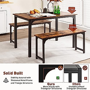 NAFORT 3-Piece Dining Table Set for 4, Kitchen Table with 2 Benches, 43.5’’ Space Saving Dining Room Table with Metal Frame & Solid MDF Wood Board, Ideal for Home, Restaurant, Patio Outdoor