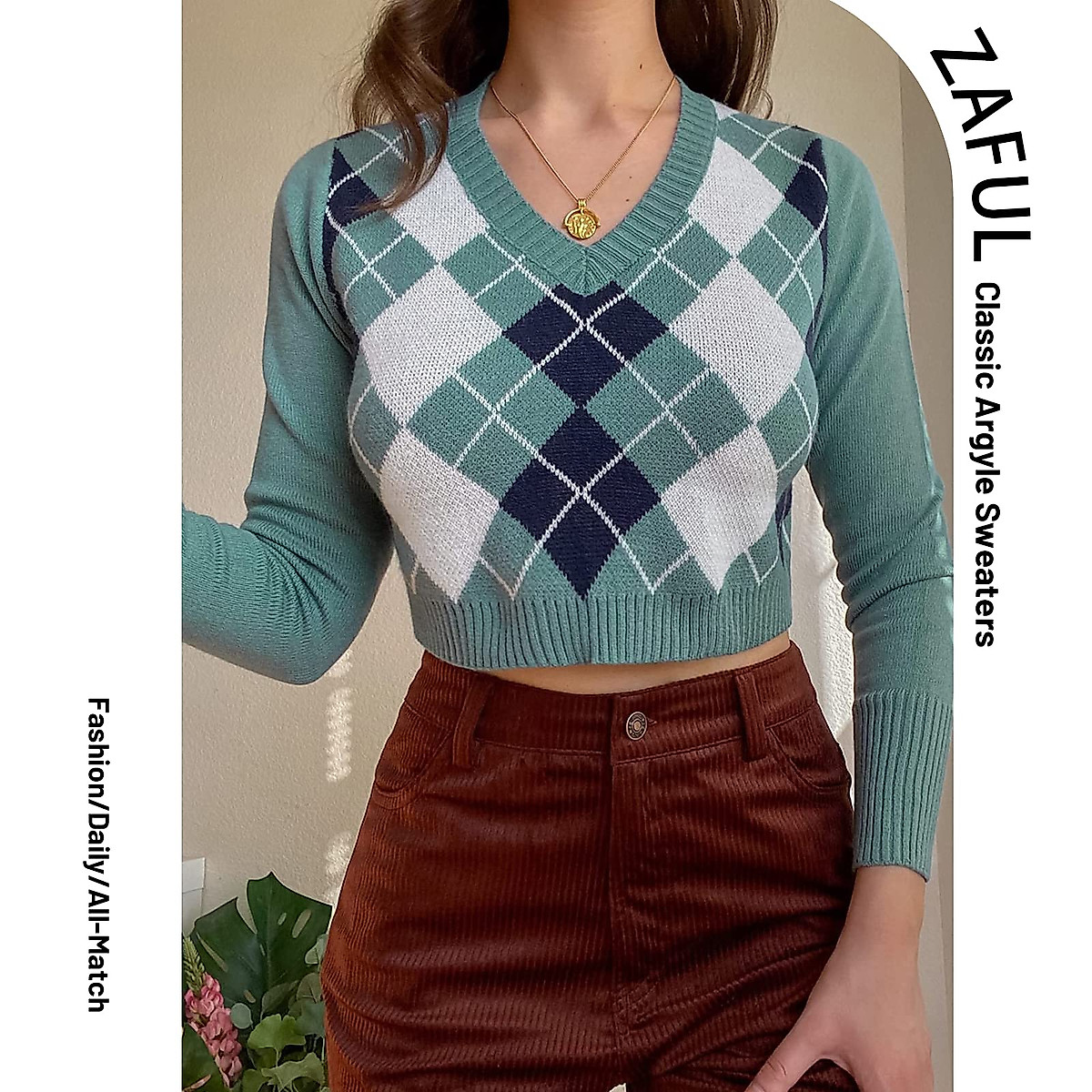 ZAFUL Women's Sweaters Long Sleeve V-Neck Argyle Knitted Crop Sweater Pullover Tops Green