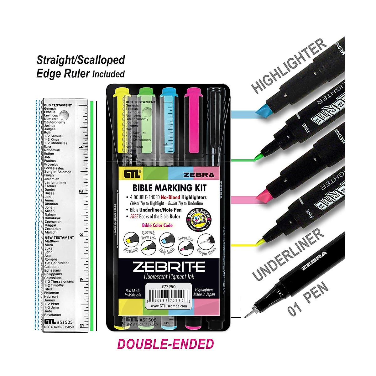 G.T. Luscombe Company, Inc. Zebrite Bible Marking Kit | No Bleed Pigmented Ink | No Fading or Smearing | Double Ended Highlighters, MilliPen & Books of the Bible Ruler/Bookmark (Set of 5 + Ruler)