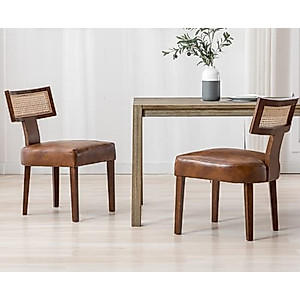 EALSON Mid Century Modern Dining Chairs Set of 2 Leather Upholstered Kitchen Chairs with Wood Legs and Curved Rattan Back Farmhouse Dining Room Chairs Rattan Accent Side Chairs, Brown