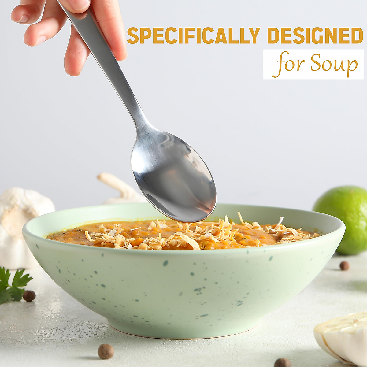 SENADORE Stainless Steel Dinner Spoons - Set of 16 - Mirror Finish and Dishwasher Safe - 7.5" Elegant and Sleek Design Soup Spoon for Modern and Casual Dining (Simple Modern)