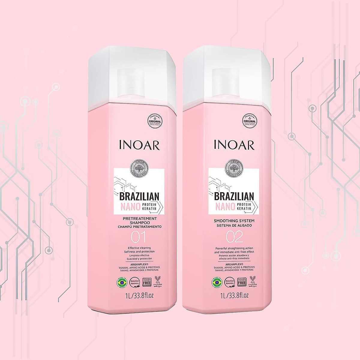 INOAR - Nano Keratin Deep Cleansing Shampoo (Step 1) & Volume Reducer (Step 2), Chemically Treated Hair, AntiFrizz, Coconut, Vegan Hair Product, Cruelty Free Haircare for Men and Women (1 Liter Duo)