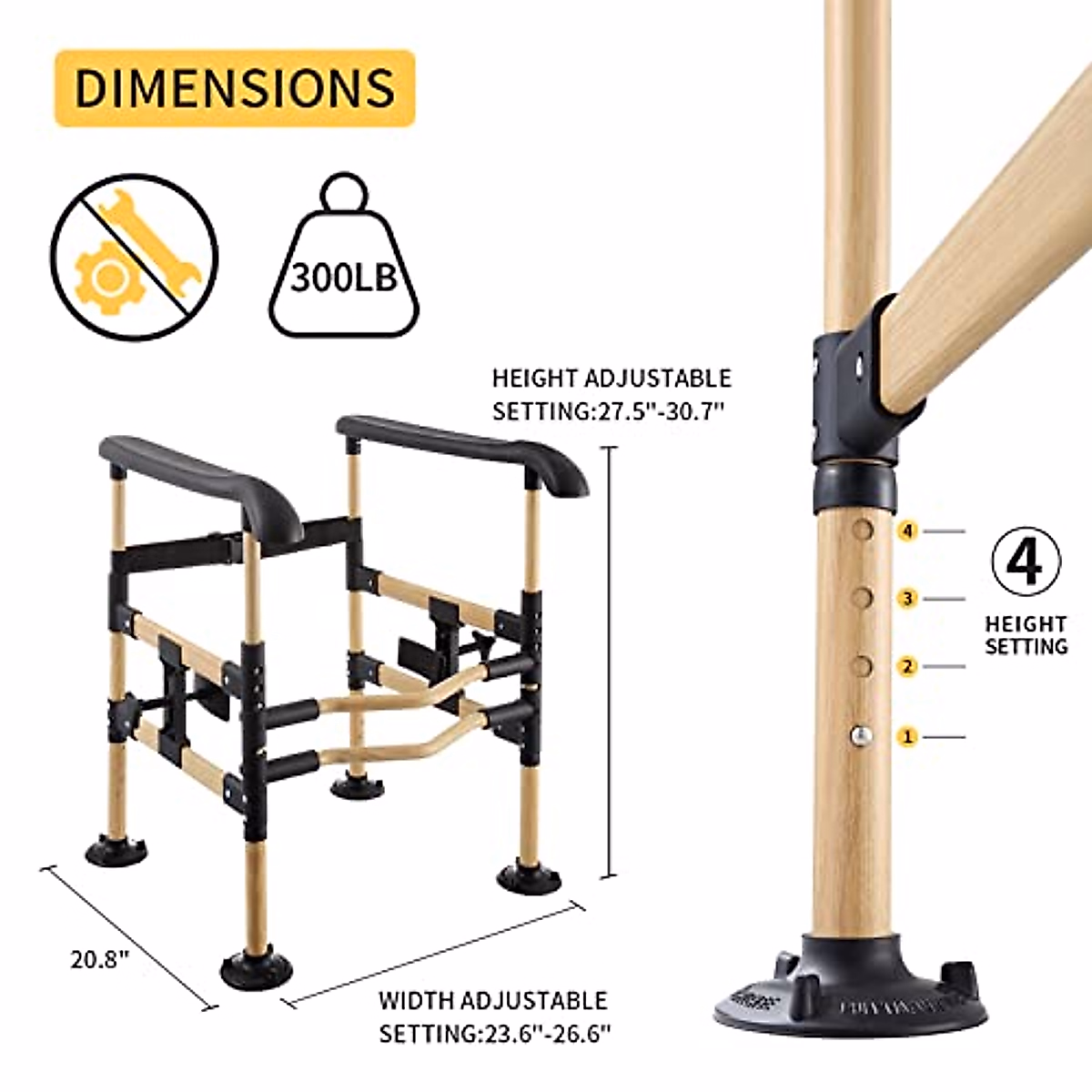 Toilet Safety Rail for Elderly, Adjustable Detachable Frame, Toilet Safety Frame for Elderly & Handicapped - Elderly Assistance Products, 4 Replacement Suction Pads, Enhances Stability