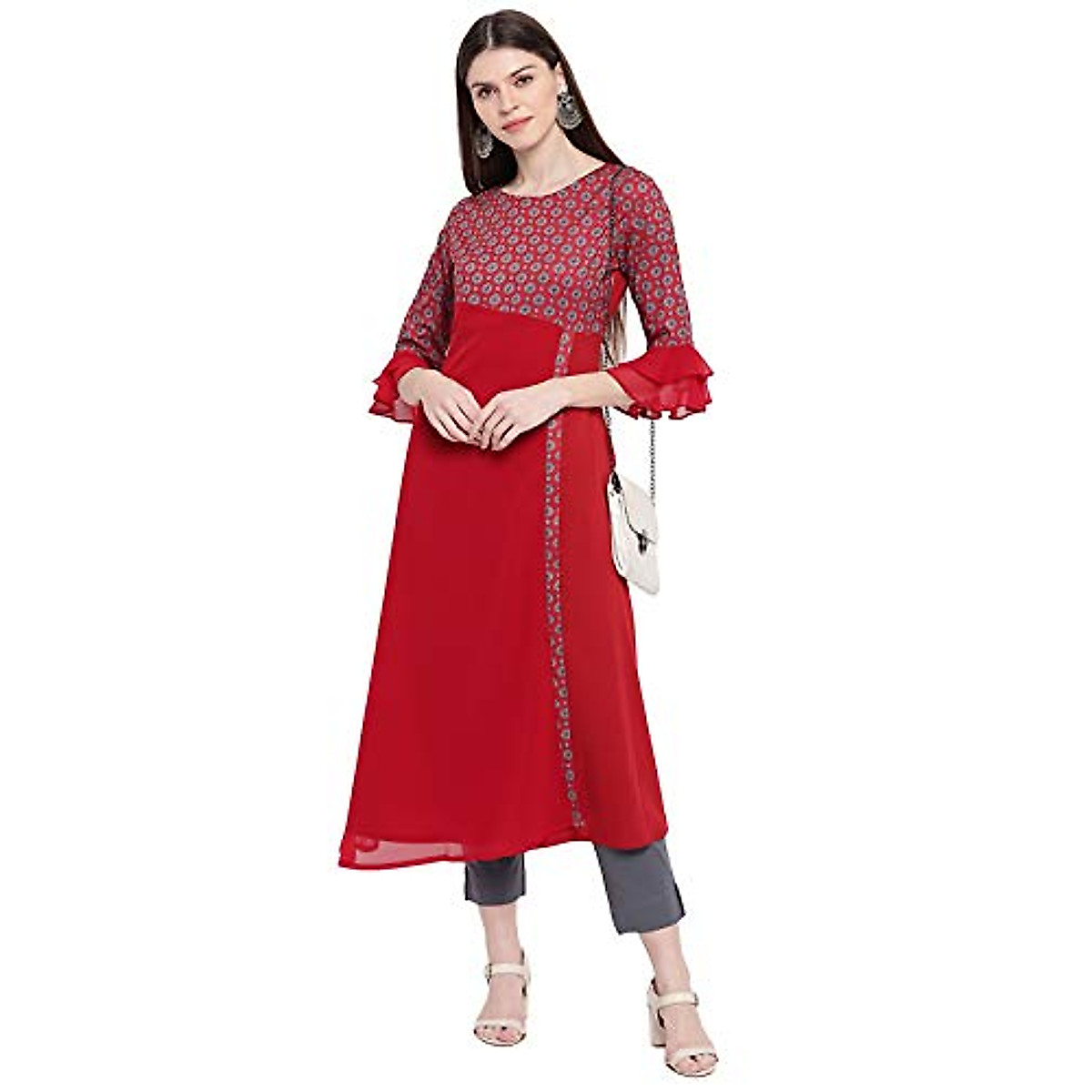 Janasya Indian Women's Maroon Poly Crepe Kurta(JNE3607-KR-XXL)