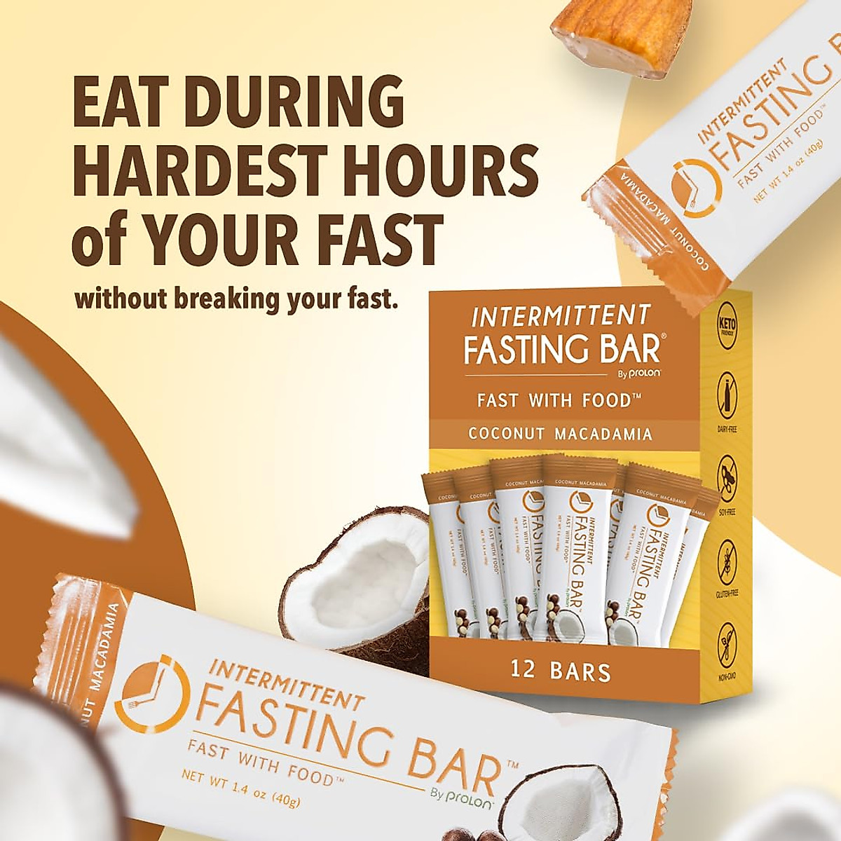 Prolon Fast Bars | Keto, Gluten Free, Dairy Free, Plant Based Protein, Intermittent Fasting Bars | Developed to Not Break Your Fast | Coconut Macadamia Nut, 12 Ct