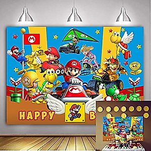 GUOBING Betta Mario Backdrop Kids Happy Birthday Baby Shower for Super Mario Bros Kart Party Backdrop Game Party Photo Video Decoration Background 7x5ft