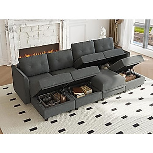 LLappuil Modular Sofa Sectional Sleeper Couch with Reversible Chaise, Oversized 8 Seater Storage Sectionals with Ottoman, Black