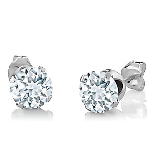 Gem Stone King 925 Sterling Silver Sky Blue Aquamarine and White Diamond Pendant Earrings Jewelry Set Gift Set For Women (2.30 Cttw, Round Cut with 18 Inch Silver Chain)