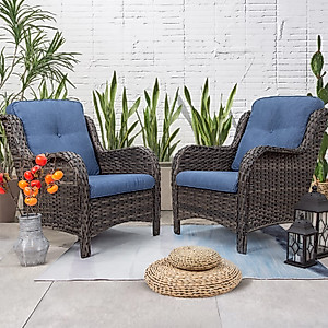 Joyside Outdoor Wicker Chair Rattan Patio Dining Chairs Set of 2 PE Wicker Patio Chairs with 4inch Seat Cushions Outdoor Patio Seating Chair for Garden, Backyard Deck(Mixed Grey/Blue)