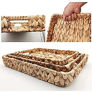 NEWQI Set of 3 Different Sizes Water Hyacinth Storage Baskets with Handles,Rectangular Rattan Woven Serving Tray， Large and Small Woven Wicker Baskets for Storage Organizing,Perfect for Open Shelving