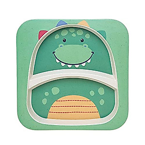 Little Me 5-Pack Bamboo Dinnerware Set - Dishwasher Safe Kids Dishes & Utensils - Dinosaur Plate, Bowl, Cup, Spoon & Fork