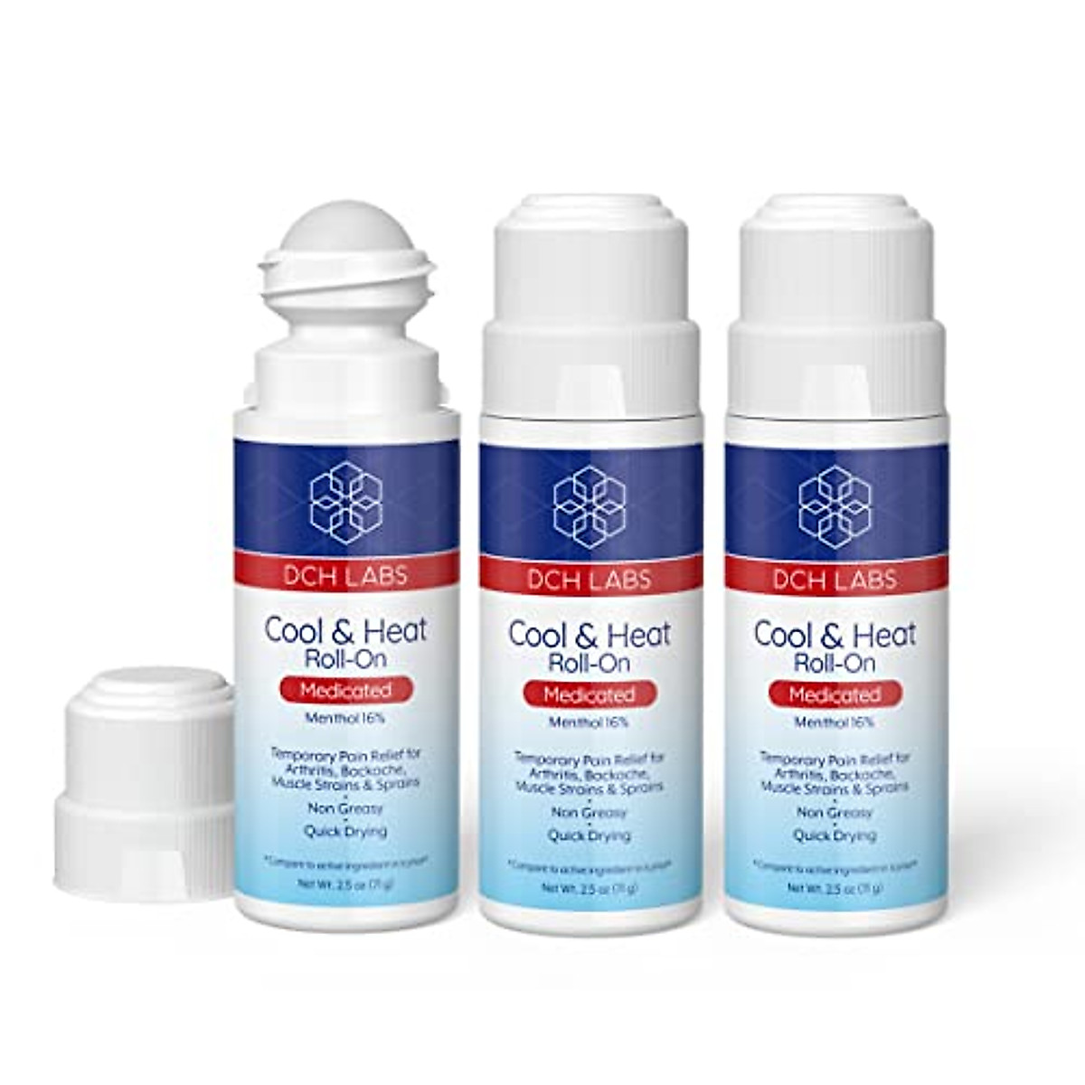 DCH Labs Cool & Heat Roll-On Pain Relief for Arthritis, Backaches, Muscle Strains, and Sprains - 2.5 oz (3-Pack)