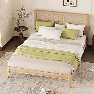 Queen Size Bed Frame with Rattan Headboard,Solid Wood Platform Bed with Strong Wooden Slats,Queen Bedframe,No Box Spring Needed, Natural