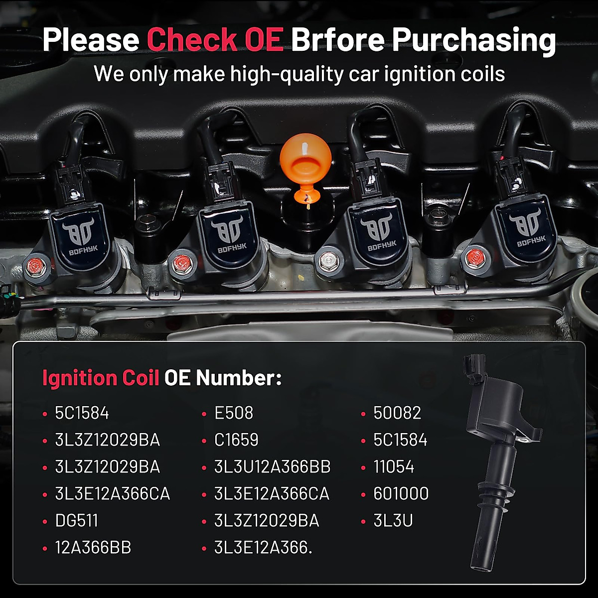 BDFHYK 8 Pack Ignition Coils for F150 Truck F250 Super Duty Truck Lincoln Mercury V8 V10 4.6L 5.4L 6.8L Compatible with 5C1584 E508 DG511 C1659 C1541 FD508