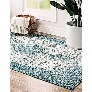 Unique Loom Bromley Collection Vintage, Medallion, Country, Traditional, Border Area Rug, 8 ft x 10 ft, Turquoise/Ivory