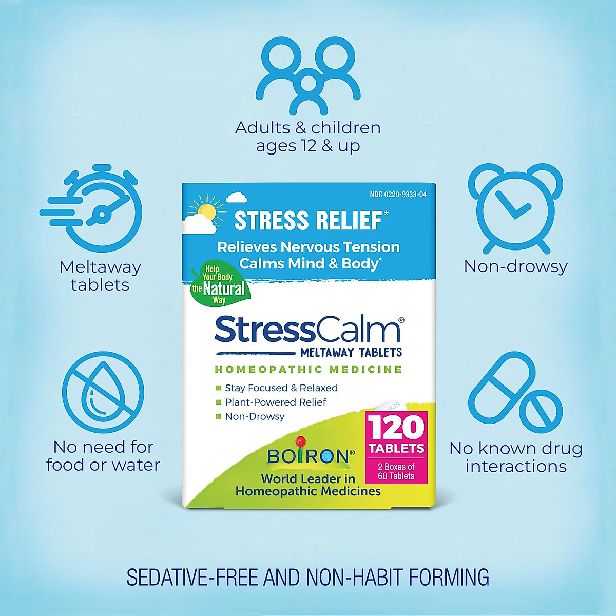 Boiron StressCalm Tablets for Relief of Stress, Anxiousness, Nervousness, Irritability, and Fatigue - 120 Count (2 Pack of 60)