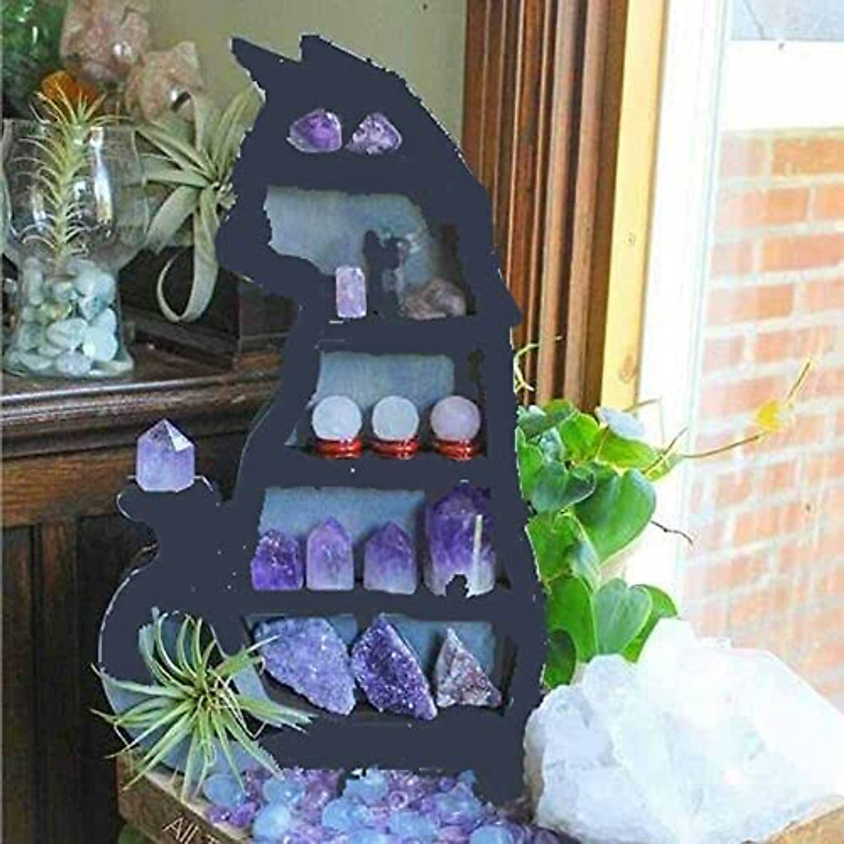 Cat in The Moon Crystal Wooden Shelf,Cat-Shaped Crystal Wooden Shelf, Multipurpose Storage Rack, Bed Room Display Crystals Stone, for Small Plant and Art Gothic Room Ornaments