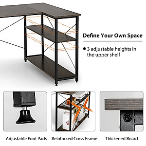 Tangkula L-Shaped Computer Desk with Reversible Shelves, 48 Inch Corner Computer Desk, Modern Writing Study Desk Home Office Workstation, Space Saving Design (48 Inch, Brown)