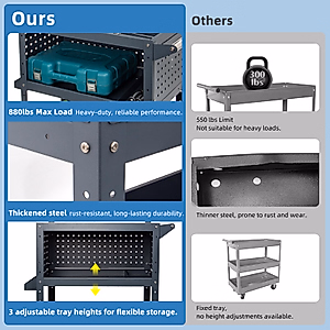 Car Wash Cart with Wheels, Heavy Duty Mechanic Tool Cart, 49"x29"x15", 880 lbs Capacity, 3-Tier Rolling Utility Cart with Pegboard, 4 Dividers, 3 Mesh Panels & Screwdriver Shelf for Jobsite